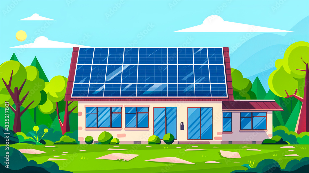 Eco-friendly house with solar panels, cartoon illustration with ...