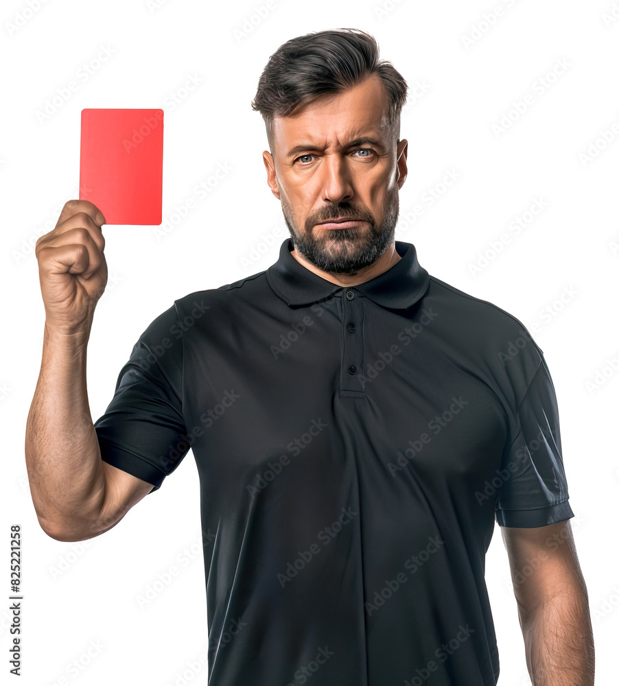 Serious mood referee showing red car posing over isolated white ...
