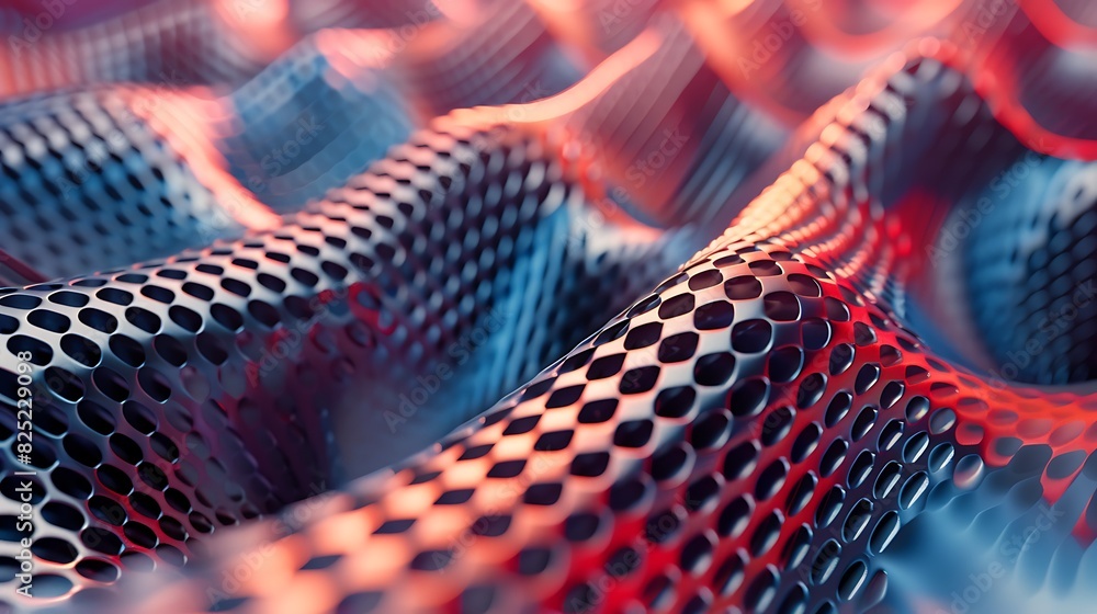 3D rendering of a metal mesh surface with a wavy pattern. The surface ...