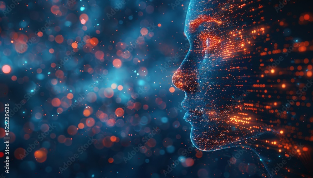 A face made of dots is shown in a blue background by AI generated image ...