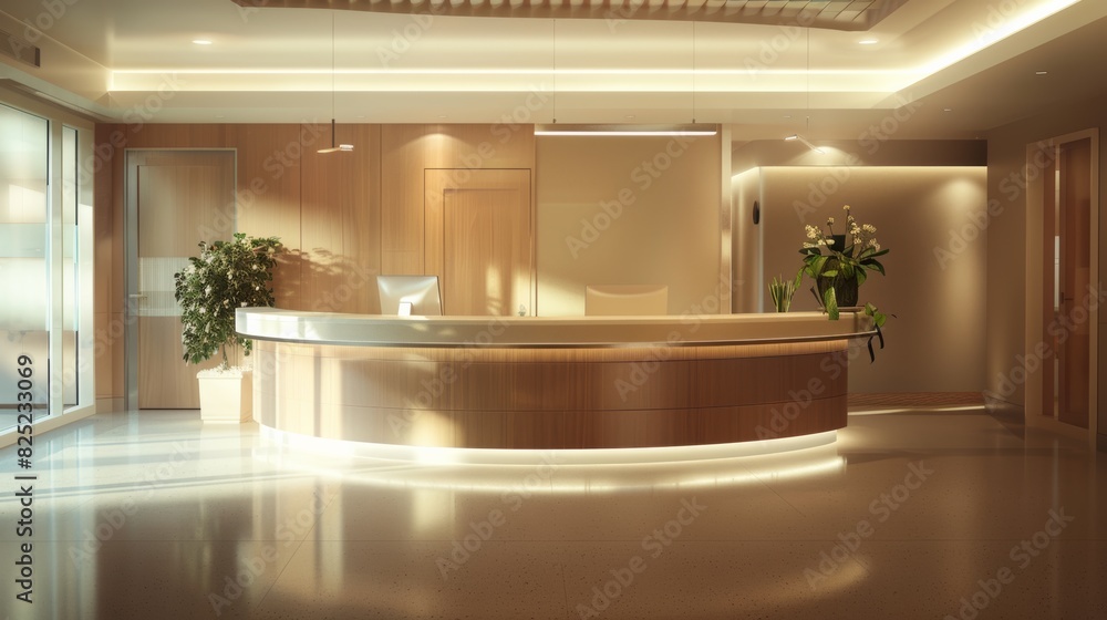 A modern hospital reception desk with a sleek, minimalist design ...