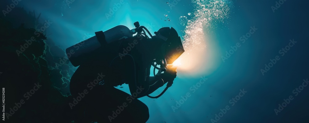 Diver performing welding tasks underwater, encapsulating the danger and ...