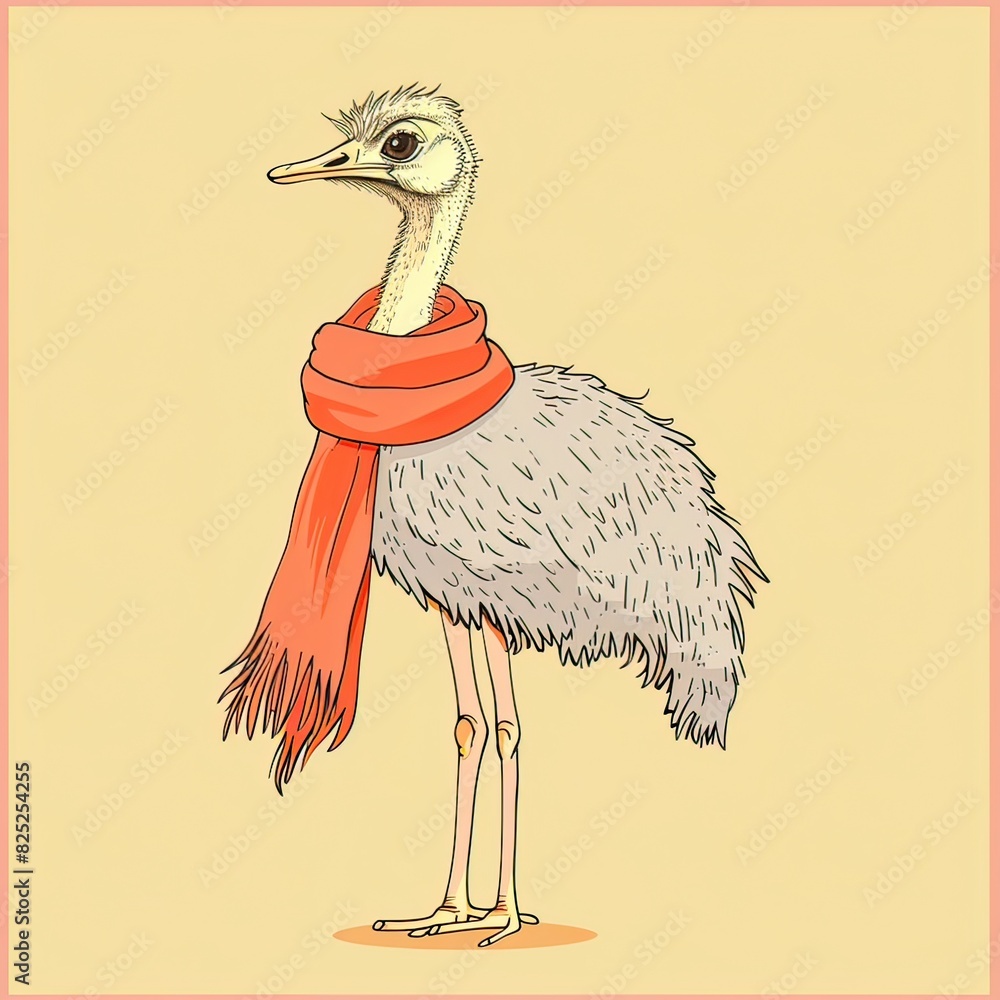 Ostrich with a scarf, simple flat line drawing clip art, simple line ...
