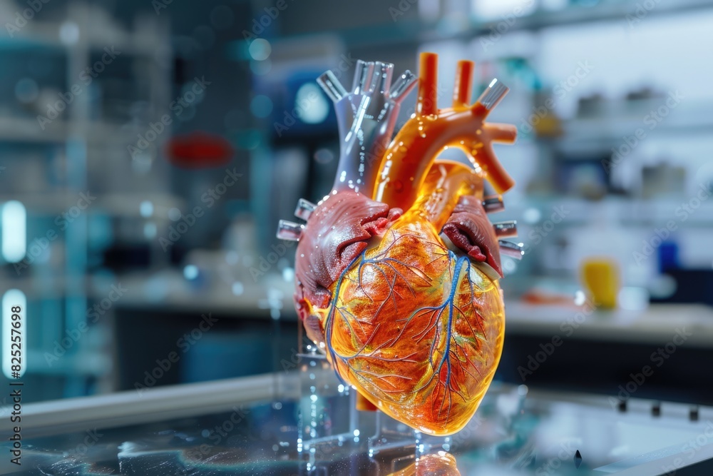 3D holographic model of a human heart in a medical lab close up ...