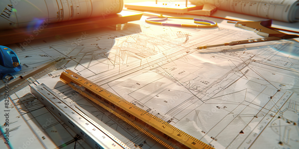 An engineer's blueprints: A drafting table with engineering drawings ...