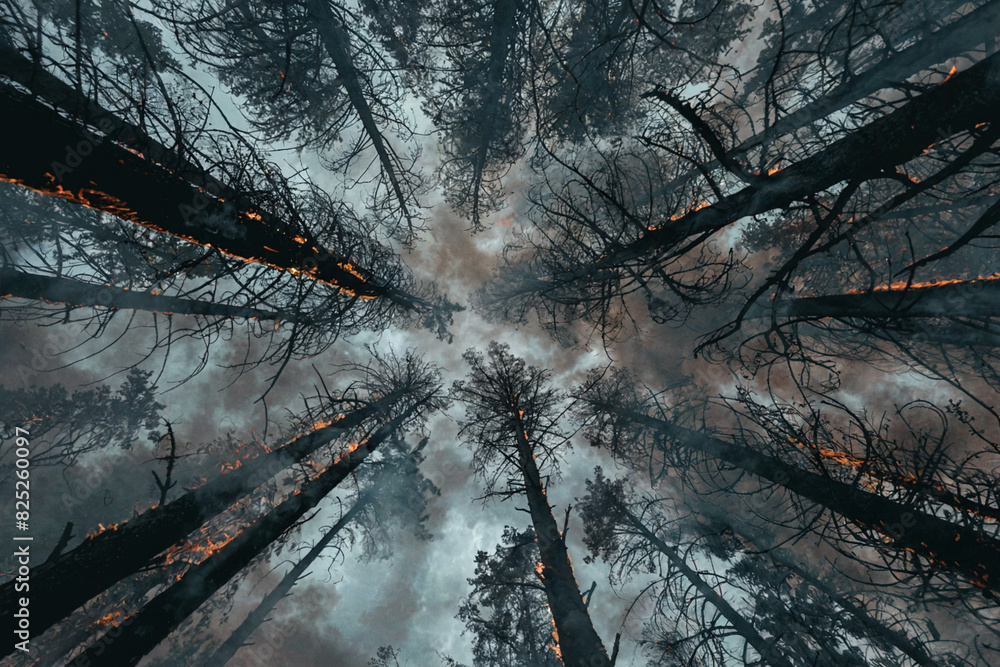 Charred Forest Canopy After Wildfire, burnt trees, environmental ...