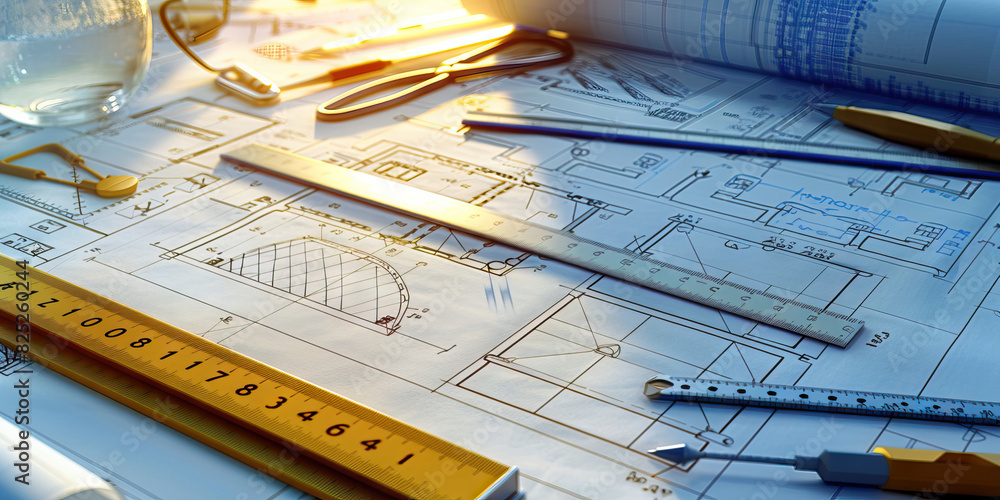 An engineer's blueprints: A drafting table with engineering drawings ...