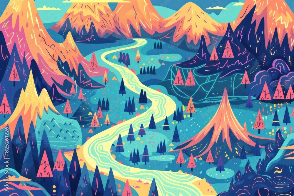 Cartoon Map of a Fantasy World With Mountains and a River Stock ...