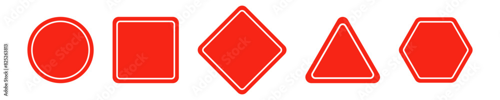 Set of round, square, rhombic, triangular and hexagonal red road signs ...