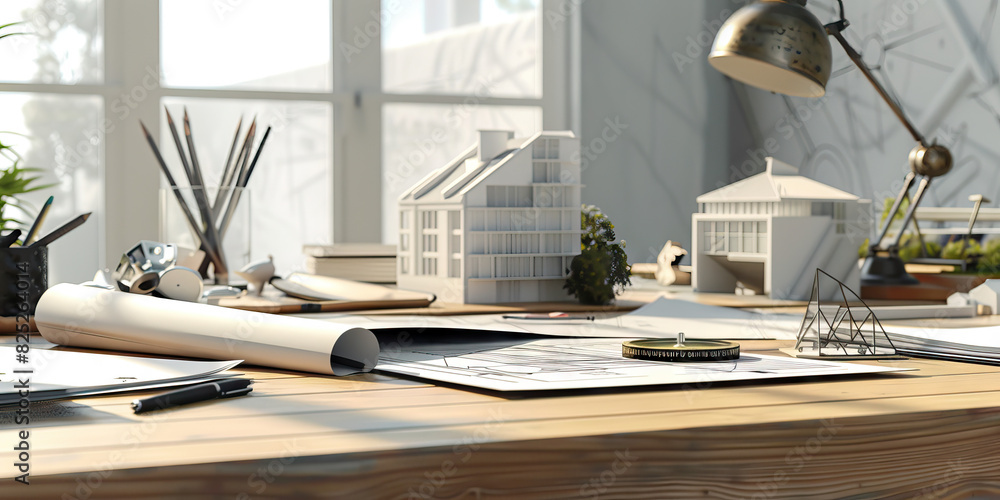 An architect's vision: A modern desk with architectural drawings, model ...