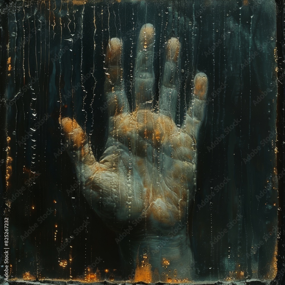 Detailed close-up illustration of a human handprint on a foggy window ...