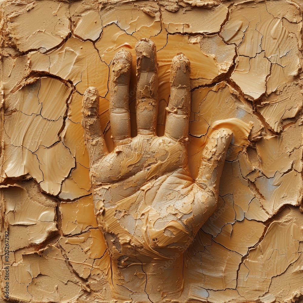 Detailed close-up illustration of a human handprint in wet clay, clean ...