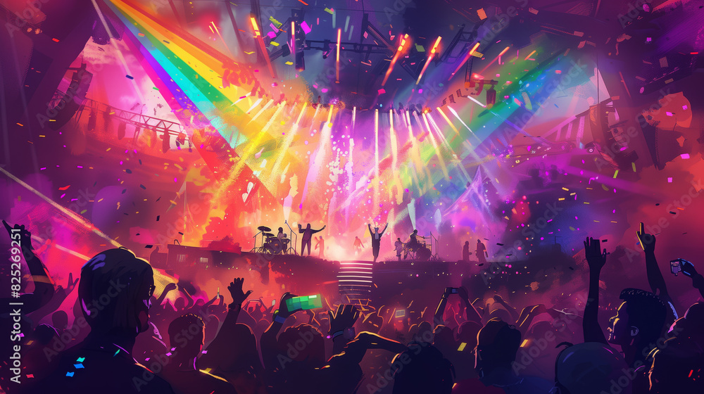 A digital art piece of a Pride-themed concert, performers on stage ...