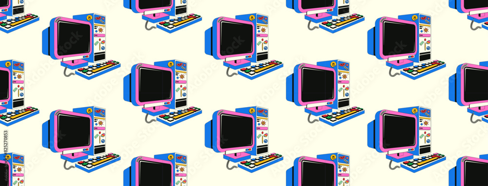 Seamless pattern with old retro computer in Y2k style. Colorful vector ...