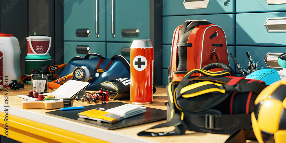 Athlete's Locker Room: A utilitarian desk with sports equipment, a ...