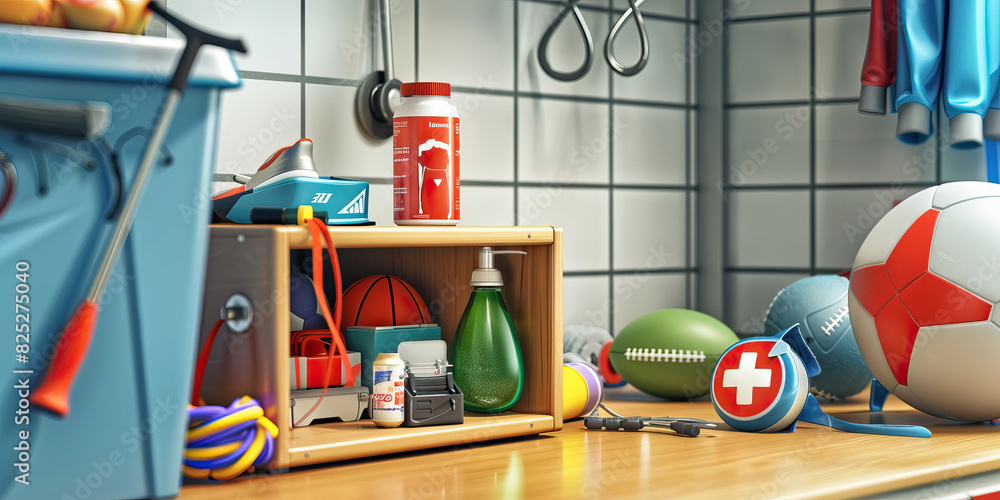 Athlete's Locker Room: A utilitarian desk with sports equipment, a ...