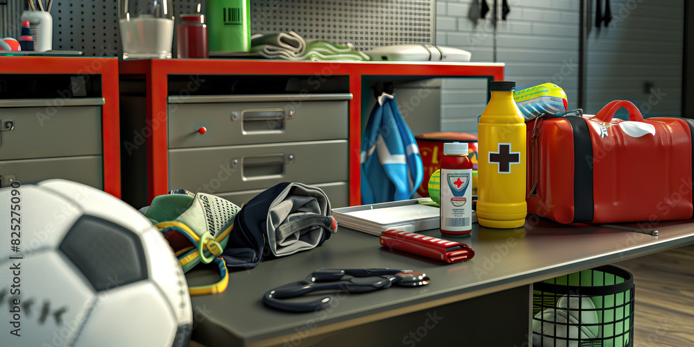 Athlete's Locker Room: A utilitarian desk with sports equipment, a ...