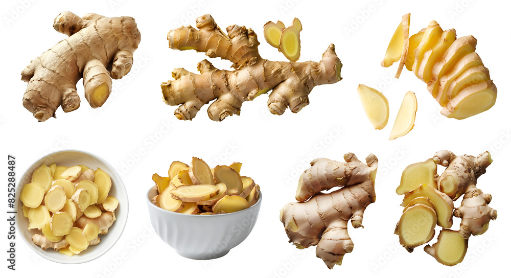 Ginger root vegetable herb, many angles and view side top front cluster ...