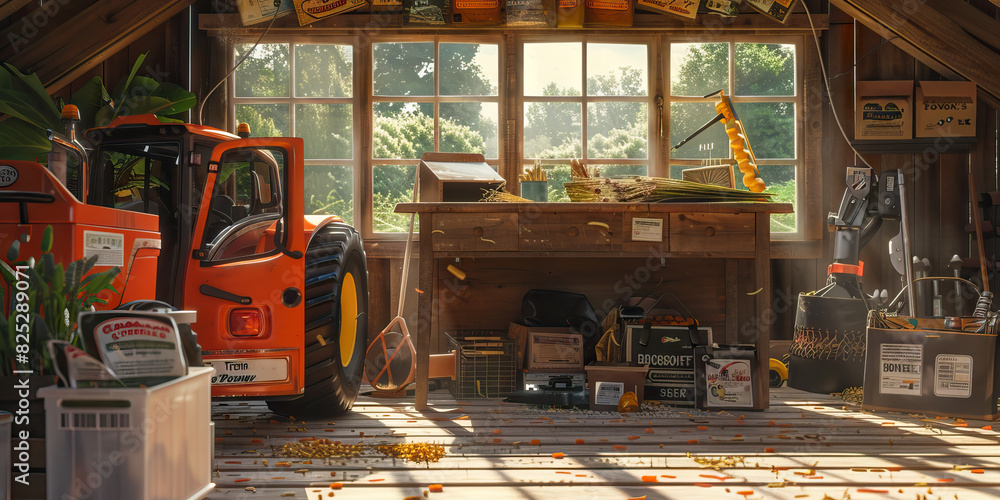 Farmer's Barn Office: A rustic desk in a barn, with agricultural tools ...