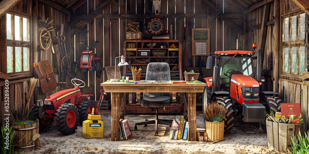 Farmer's Barn Office: A rustic desk in a barn, with agricultural tools ...