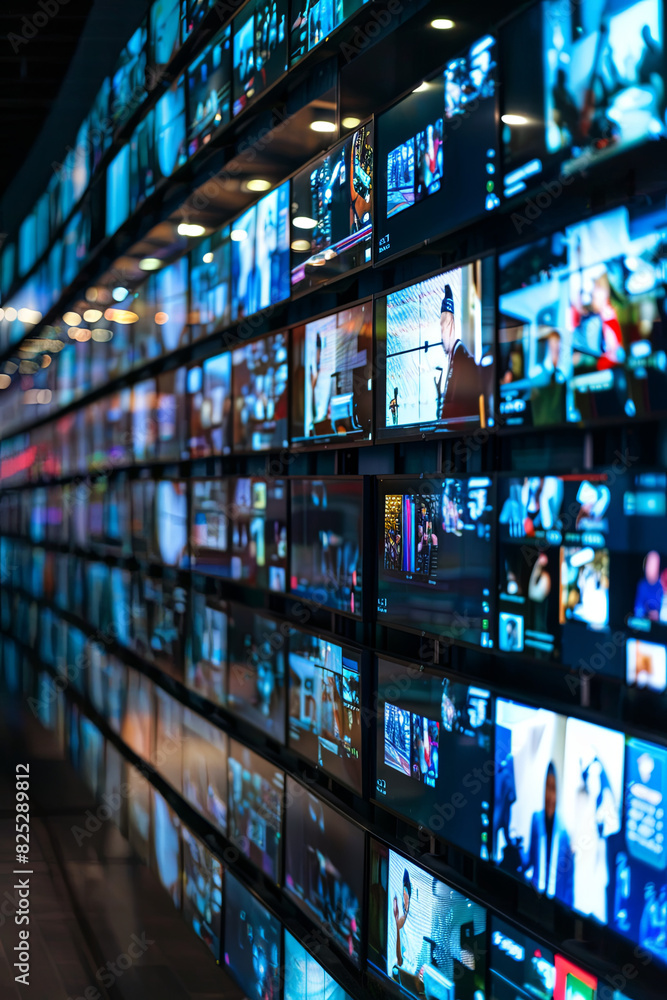 Wall of multiple television screens for video broadcast Stock Photo ...