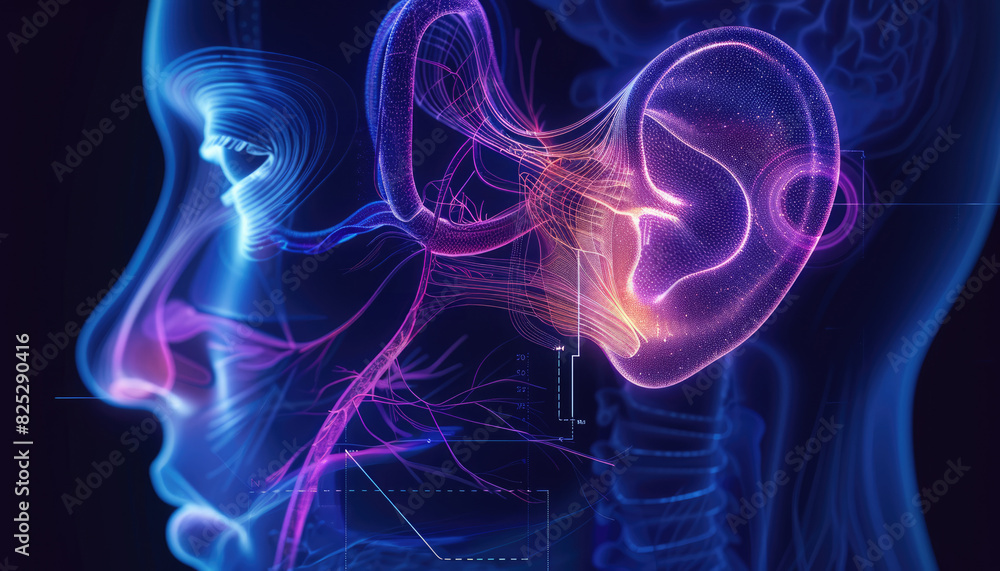 Diagram of the auditory pathway focusing on the auditory nerve focus on ...