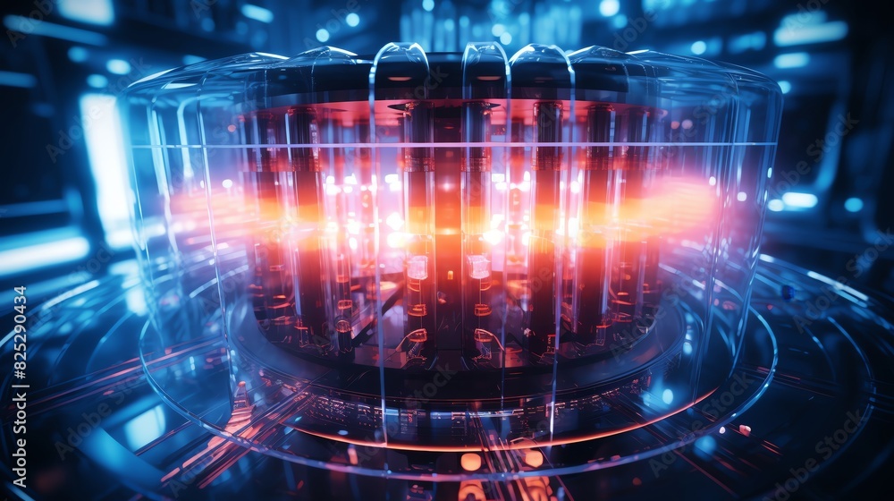 Nuclear reactor core, close up, focus on control rods, with intense and ...