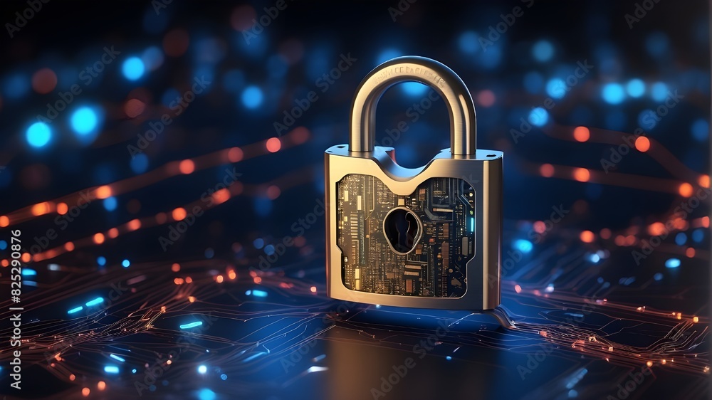 Data security padlock with a keyhole on a convergent point of circuit. Privacy of information ...