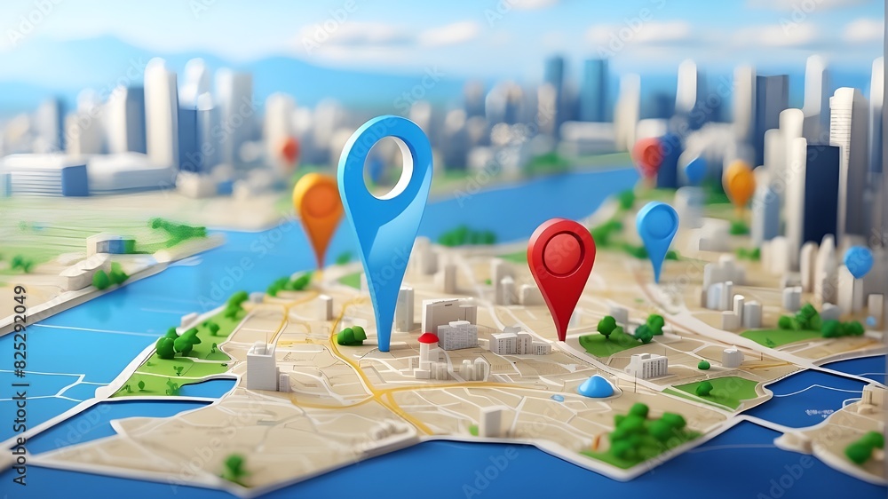On the earth city urban map, a location pin icon shows the direction ...