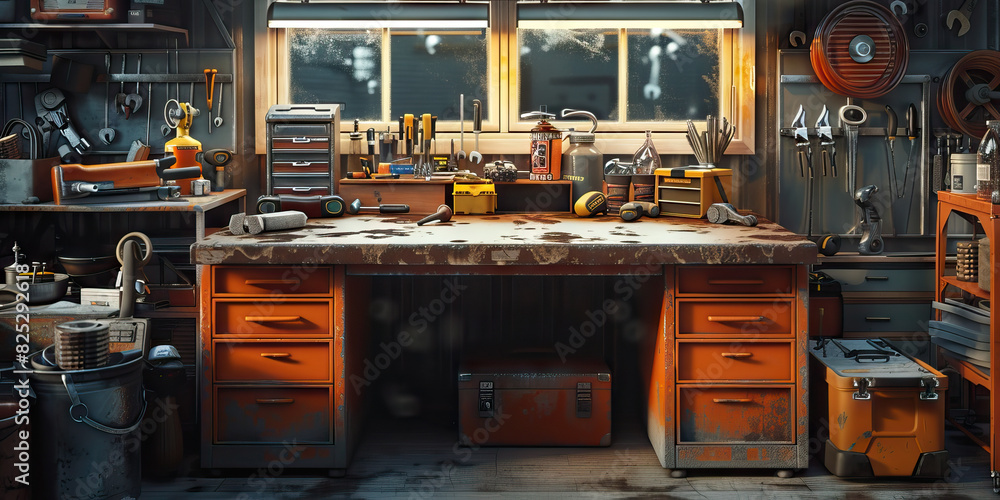 Mechanic's Garage: A grease-stained desk in a garage, with tools, car ...