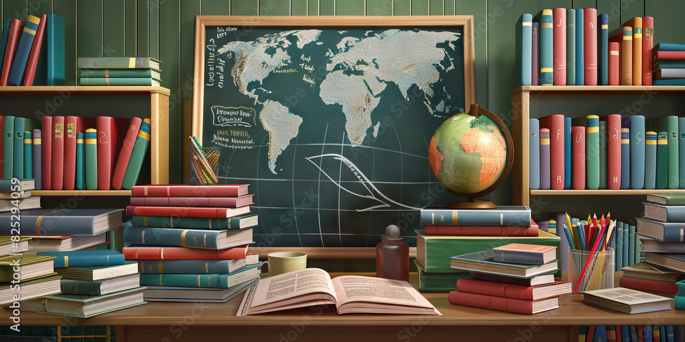 The Teacher's Desk: A tidy workspace with stacks of books, a globe, and ...