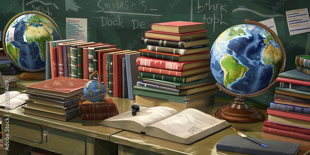 The Teacher's Desk: A tidy workspace with stacks of books, a globe, and ...