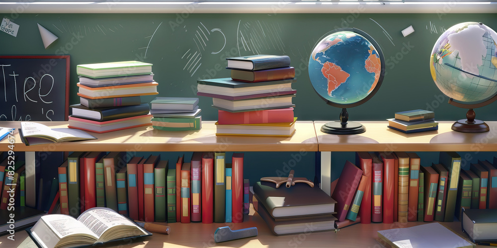 The Teacher's Desk: A tidy workspace with stacks of books, a globe, and ...