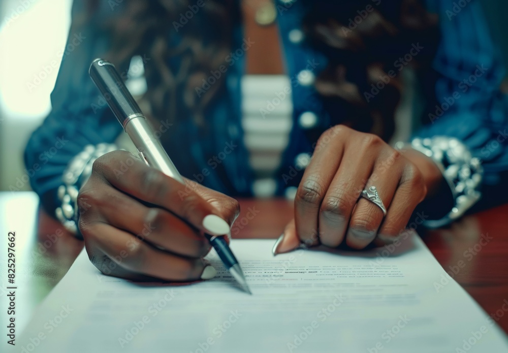 An African American businesswoman's hands are shown in close-up as she ...
