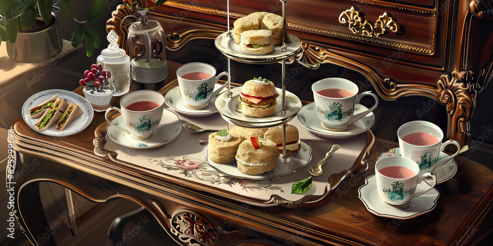 British High Tea Desk: An ornate desk featuring a tiered tray of ...