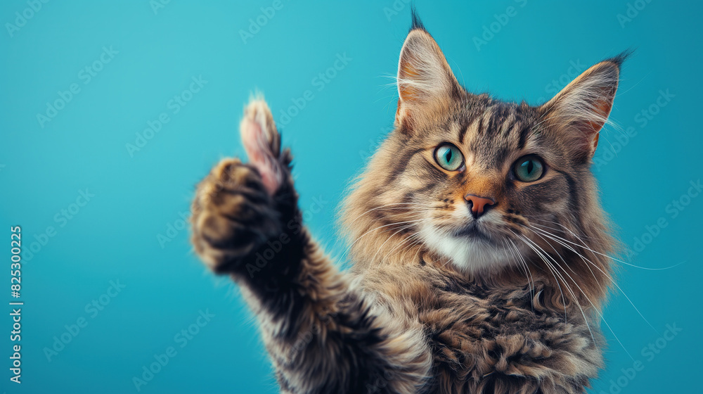 Maine Coon Cat Showing Thumbs Up Gesture on Blue Background. Design for ...