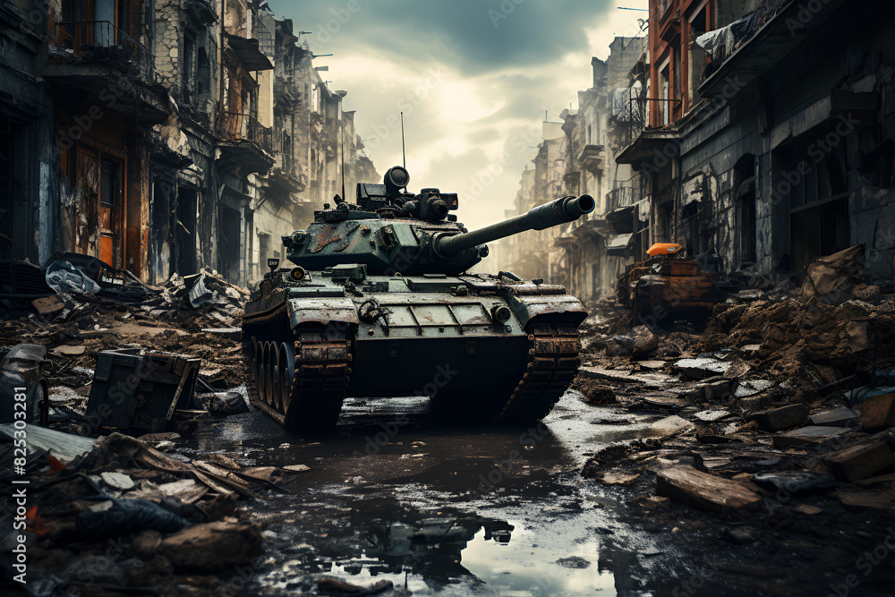 Group of main battle tanks with a city on fire on the background. One ...