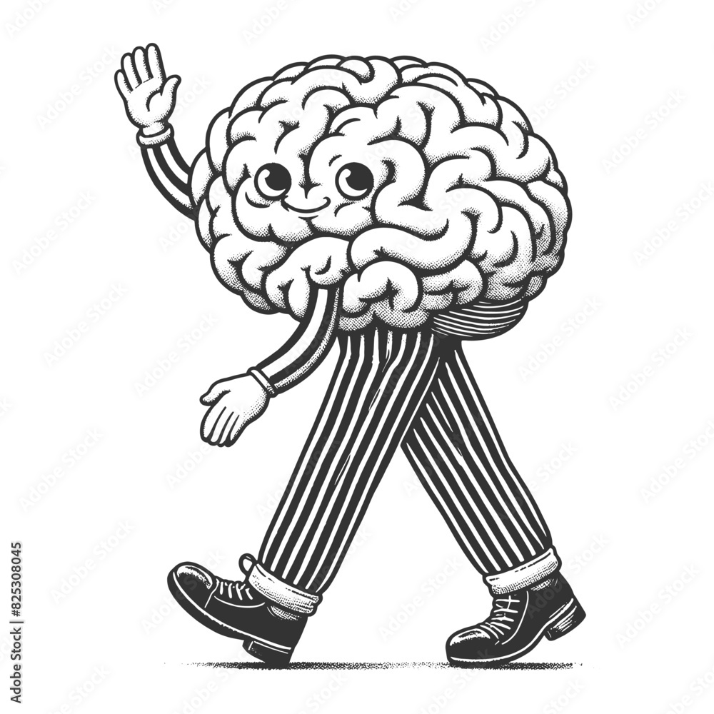 walking anthropomorphic brain with a hand raised, dressed in a striped ...