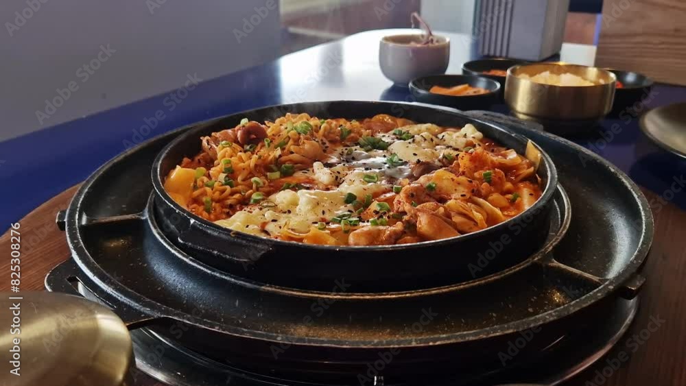 Takkalbi. Grilled pan with marinated chicken, tokpokki, cabbage, ramen ...