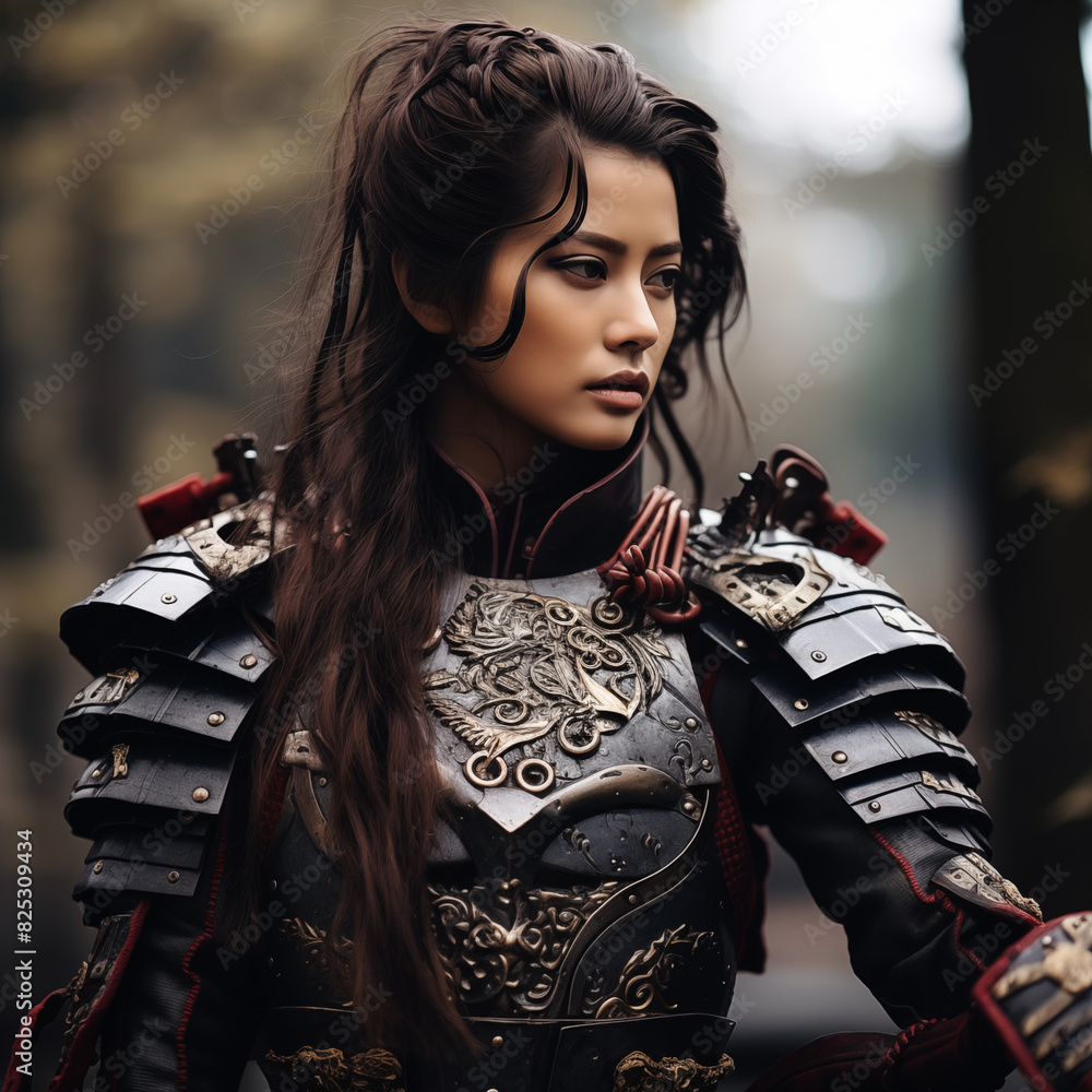 AI generated illustration of a female samurai warrior in combat armor ...