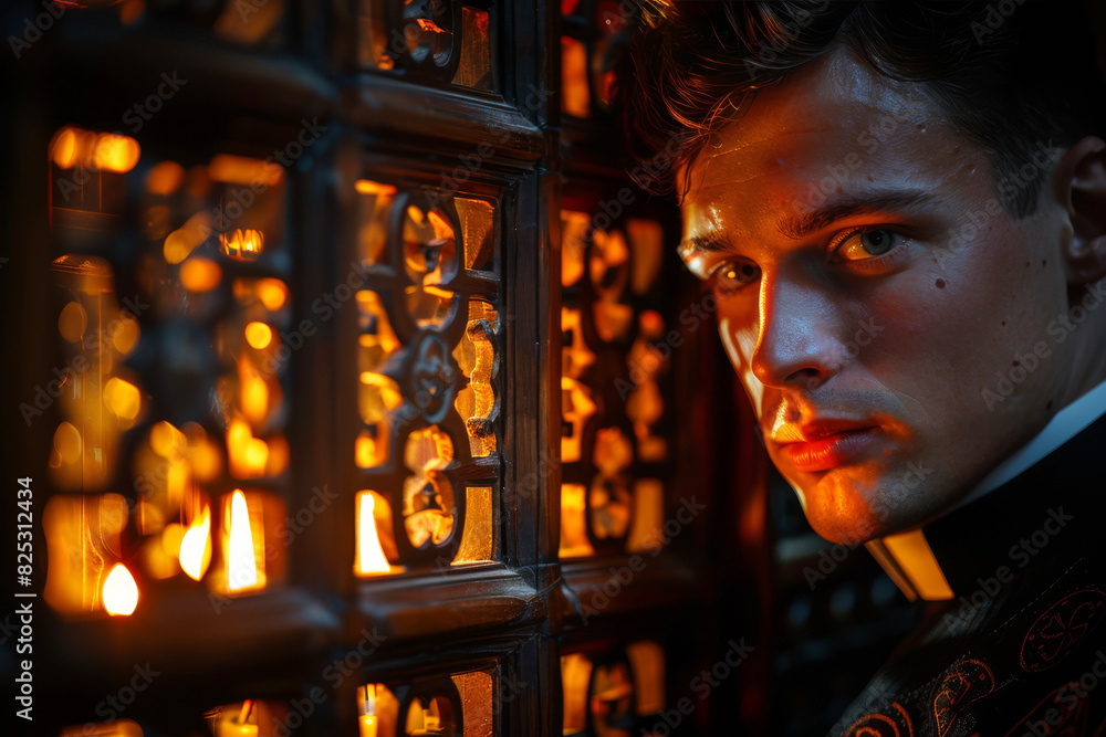 Christian priest inside a traditional church confessional booth, with ...
