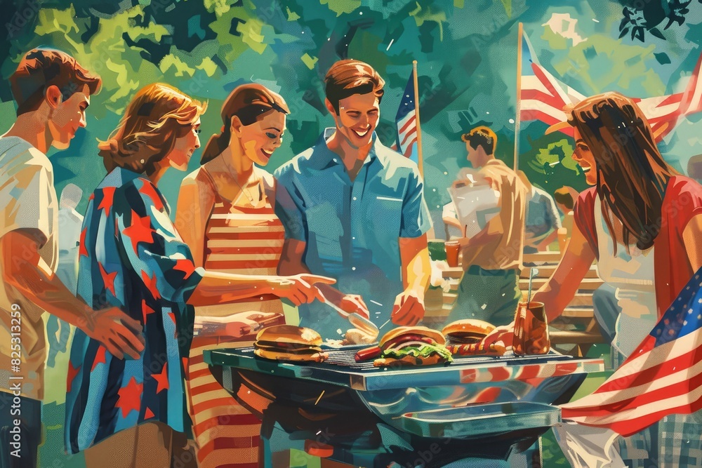 Friends gathered around a grill, cooking burgers and hot dogs, American ...