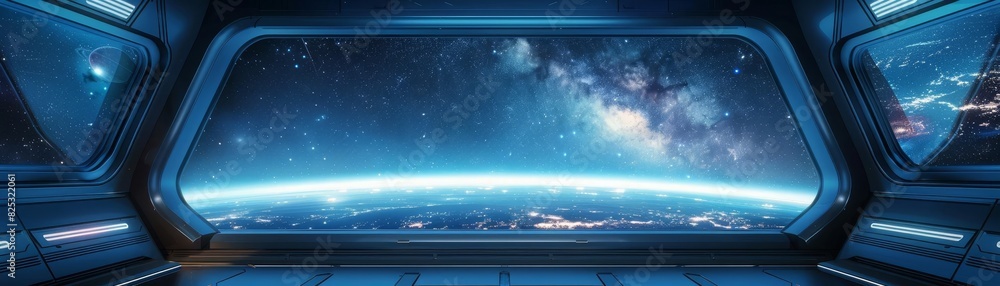 Stunning view of Earth from a futuristic spaceship window with a ...