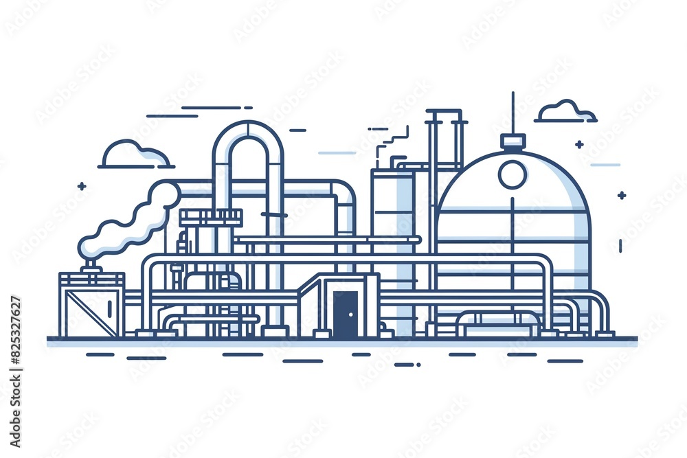 Simple line art of a biogas plant with tanks and pipes, converting organic waste into energy ...