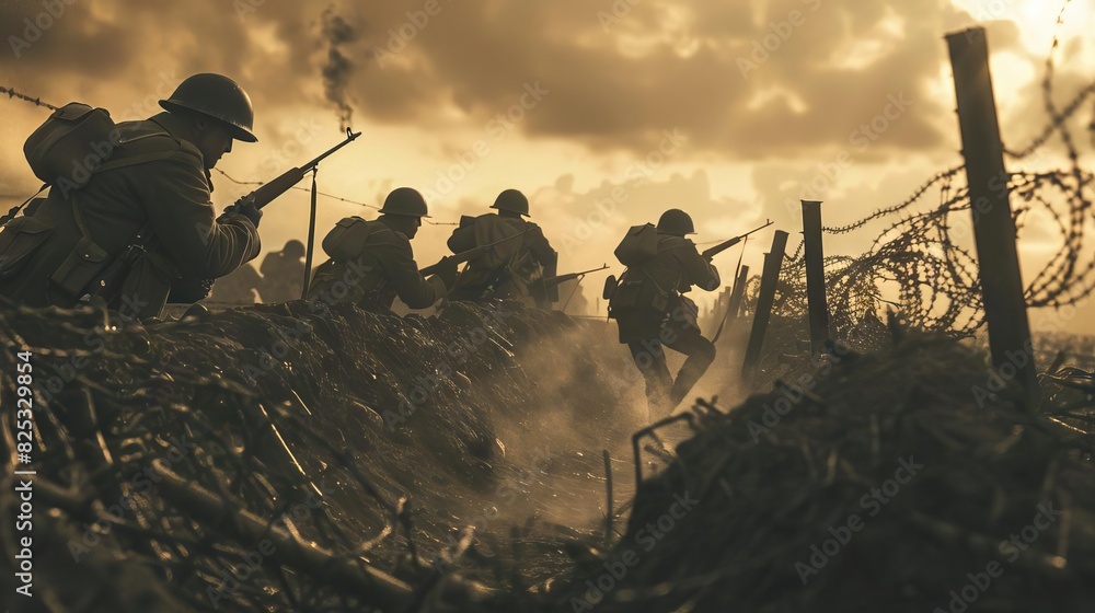 gritty battlefield scene from world war era soldiers in trenches at war ...