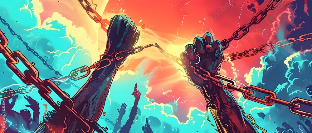 a banner design of hands engaged in revolutionary actions , breaking ...