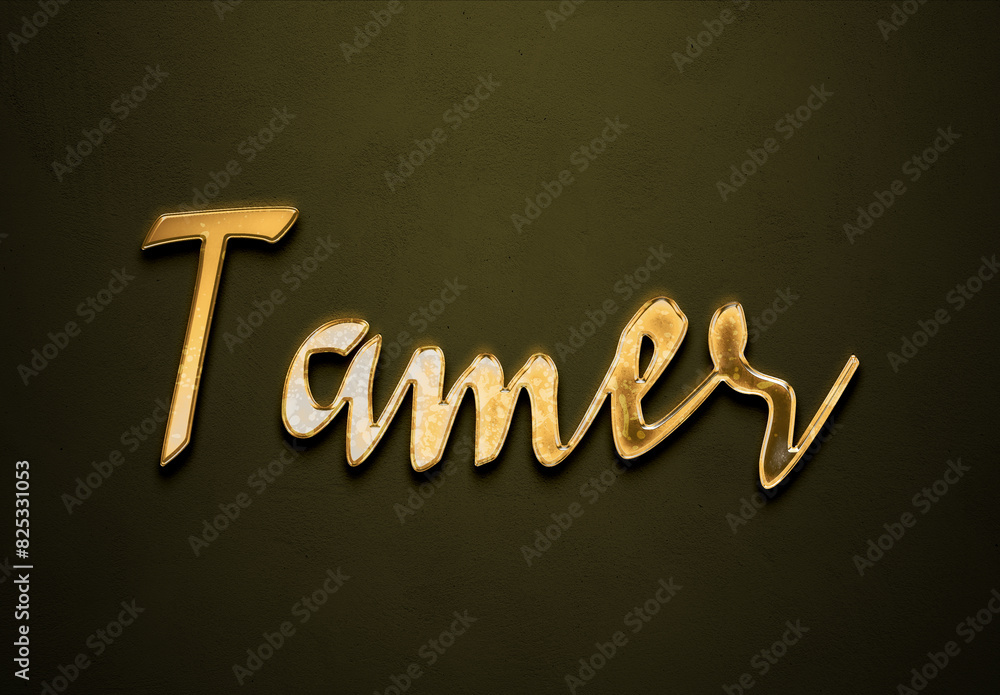 Old gold text effect of Arabic name Tamer with 3D glossy style Mockup ...