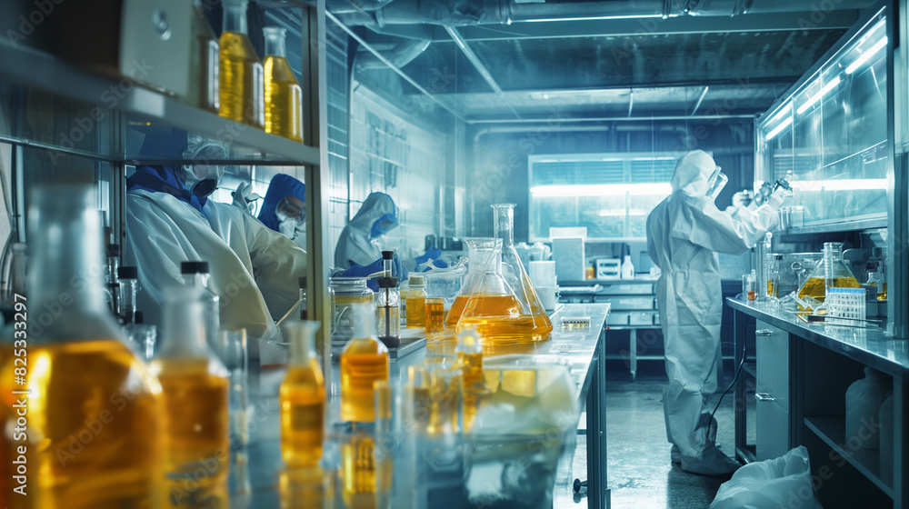 Properly labeled and stored chemicals in a lab environment with workers ...