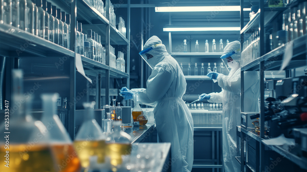 Properly labeled and stored chemicals in a lab environment with workers ...