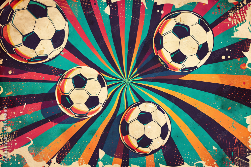 Pop art style illustration of multiple soccer balls with a colorful ...